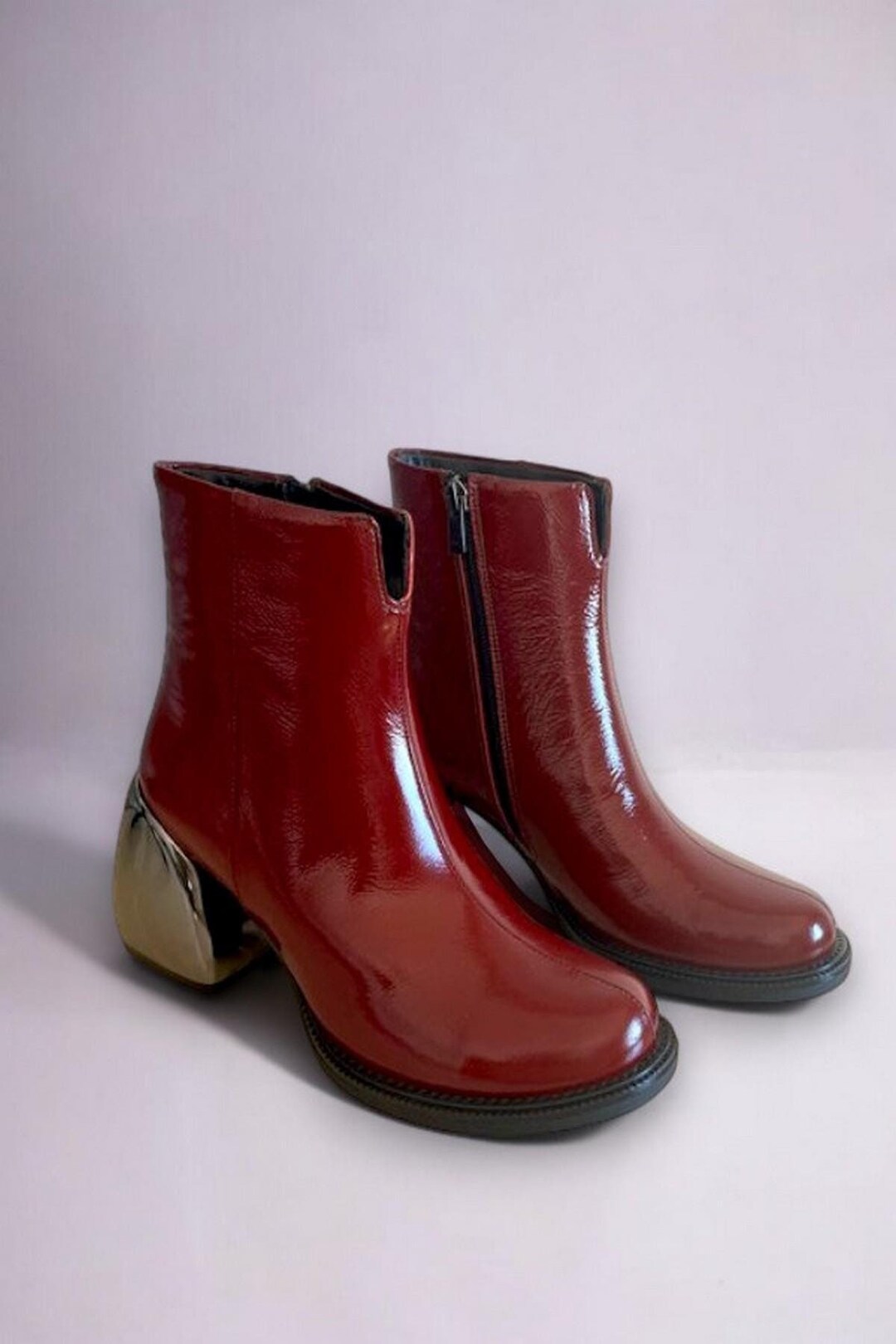 Handmade Burgundy Genuine Patent Leather Women's Boots - Sleek and ...