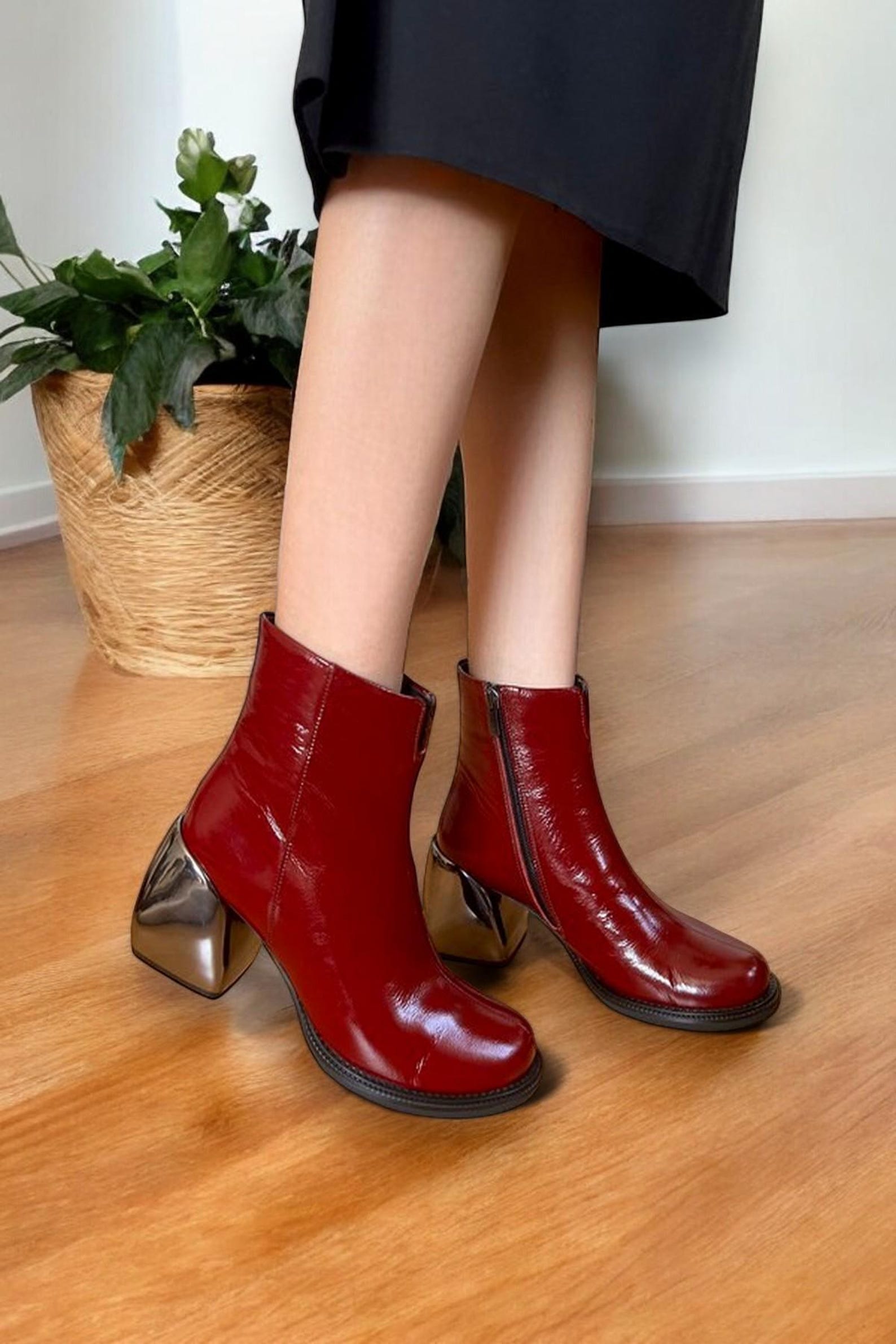 Handmade Burgundy Genuine Patent Leather Women's Boots - Sleek and ...