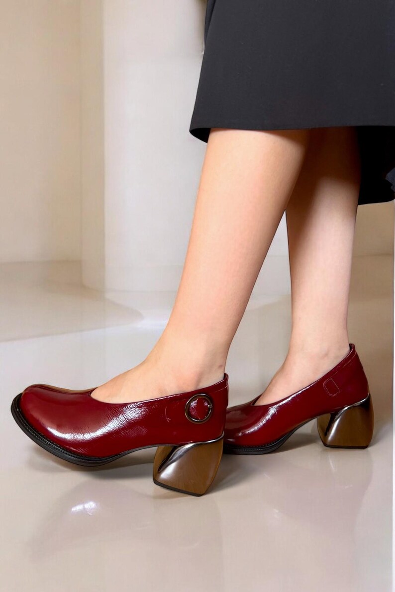 Genuine Burgundy Patent Leather Classic Heels 6 Cm Block Heel Dress ...