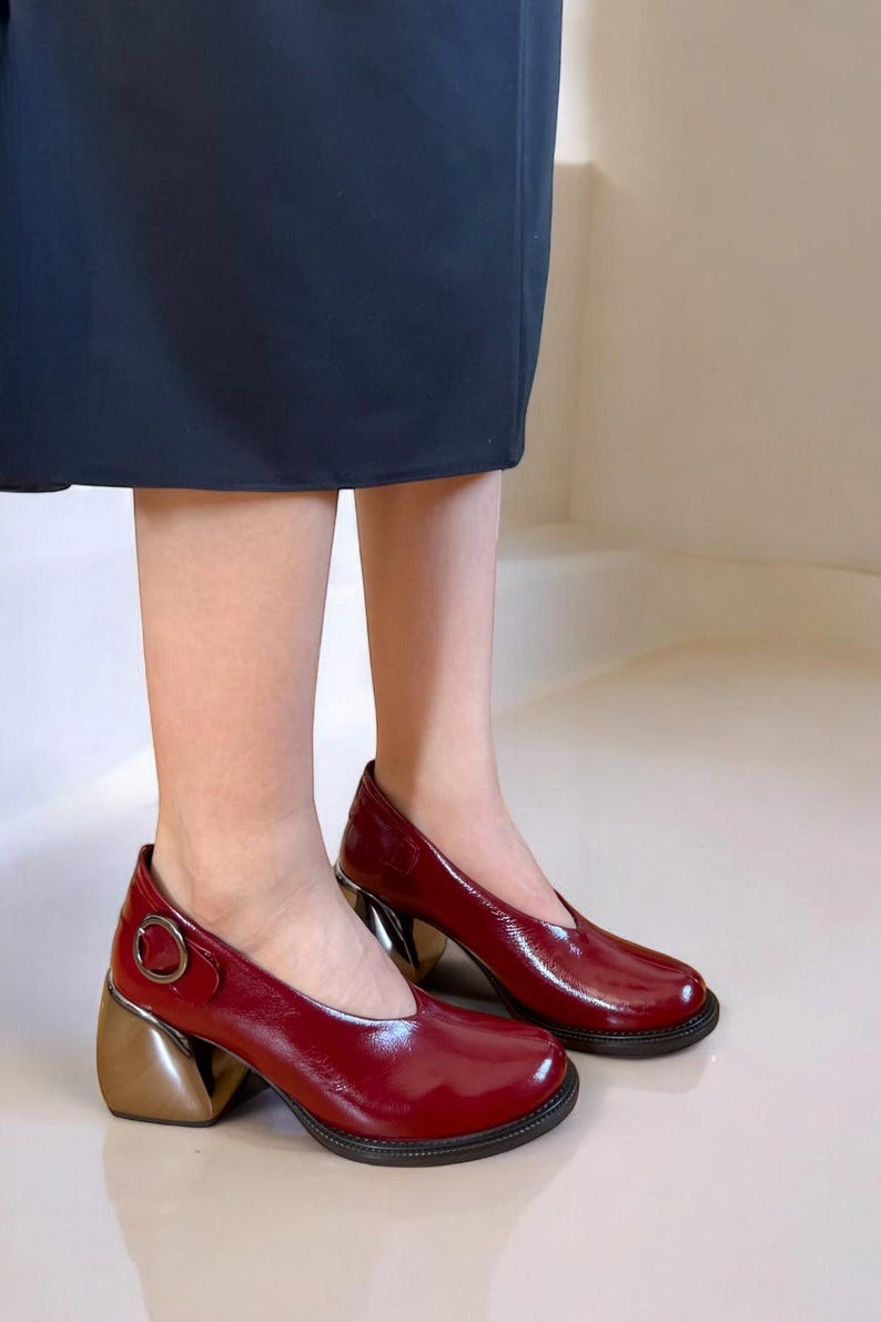 Genuine Burgundy Patent Leather Classic Heels 6 Cm Block Heel Dress ...