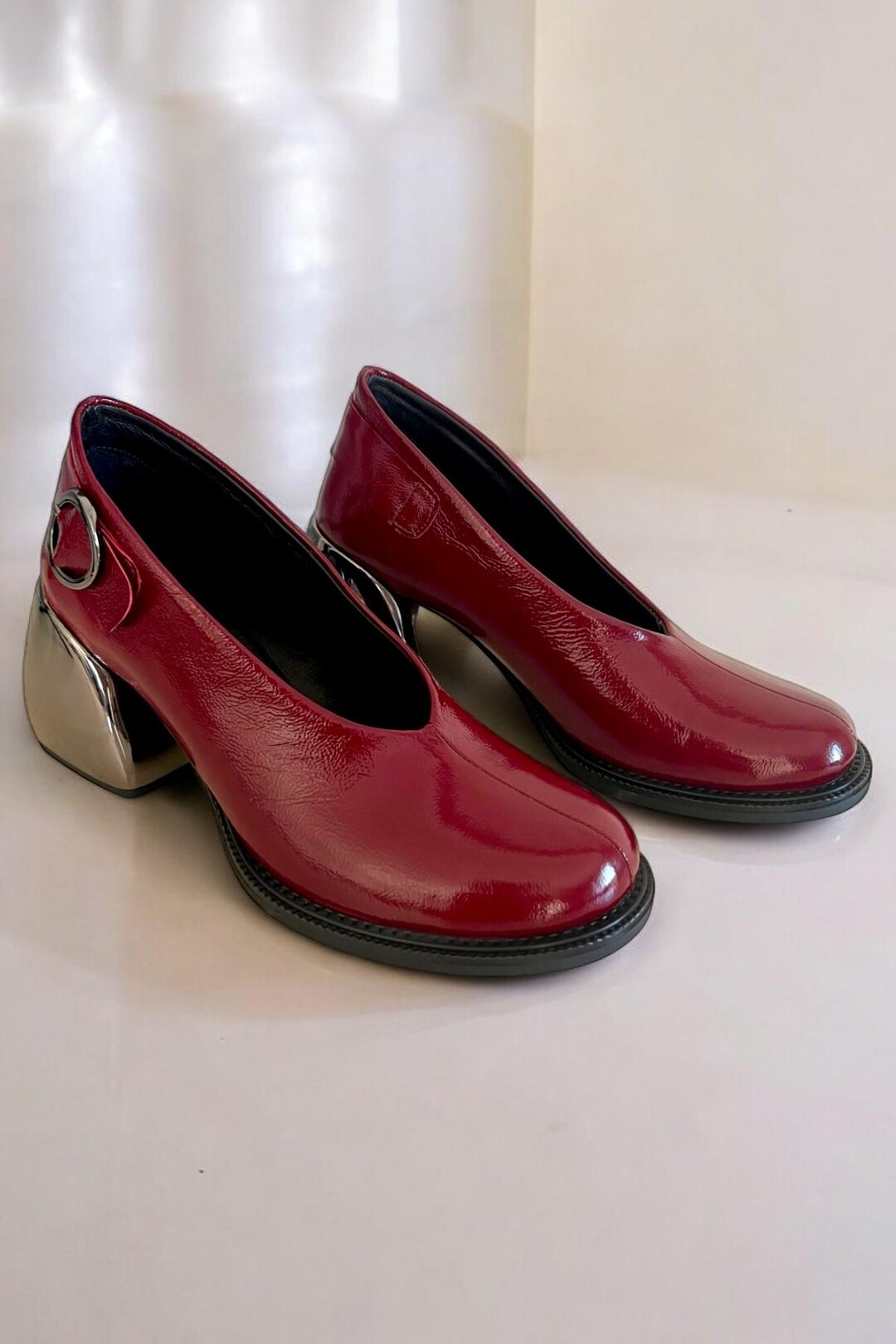 Genuine Burgundy Patent Leather Classic Heels 6 Cm Block Heel Dress ...