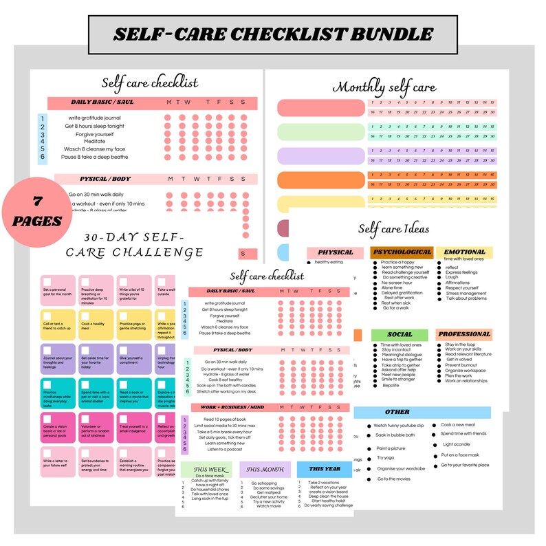 Self Care Checklist Bundle Printable | Daily & Weekly Self Care Planner | Editable Wellness ...