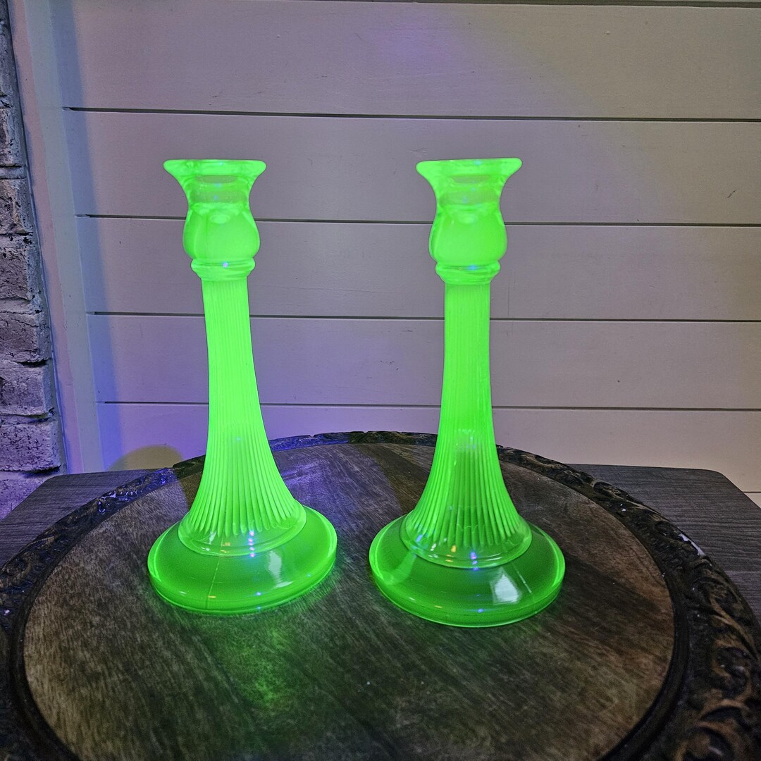 Vaseline Glass Uranium Candle Sticks, Vintage - Etsy