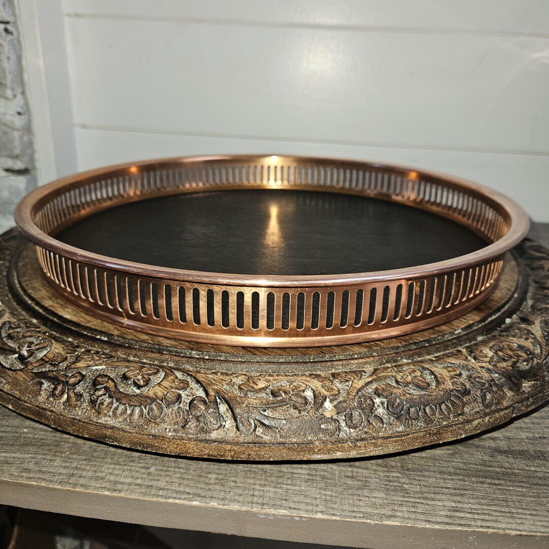 Round Copper Tray, MCM, Vintage Black Wood, Made in US Coppercraft ...