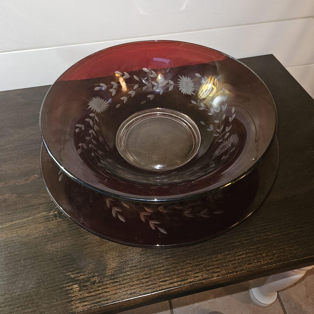 Vintage Bohemian Ruby Red Etched Floral Bowl and Platter, Large - Etsy