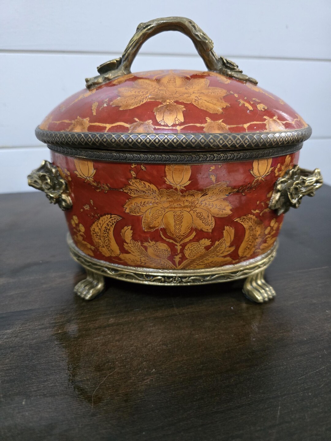 Vintage Red Floral Ceramic and Brass Lidded and Footed Container - Etsy