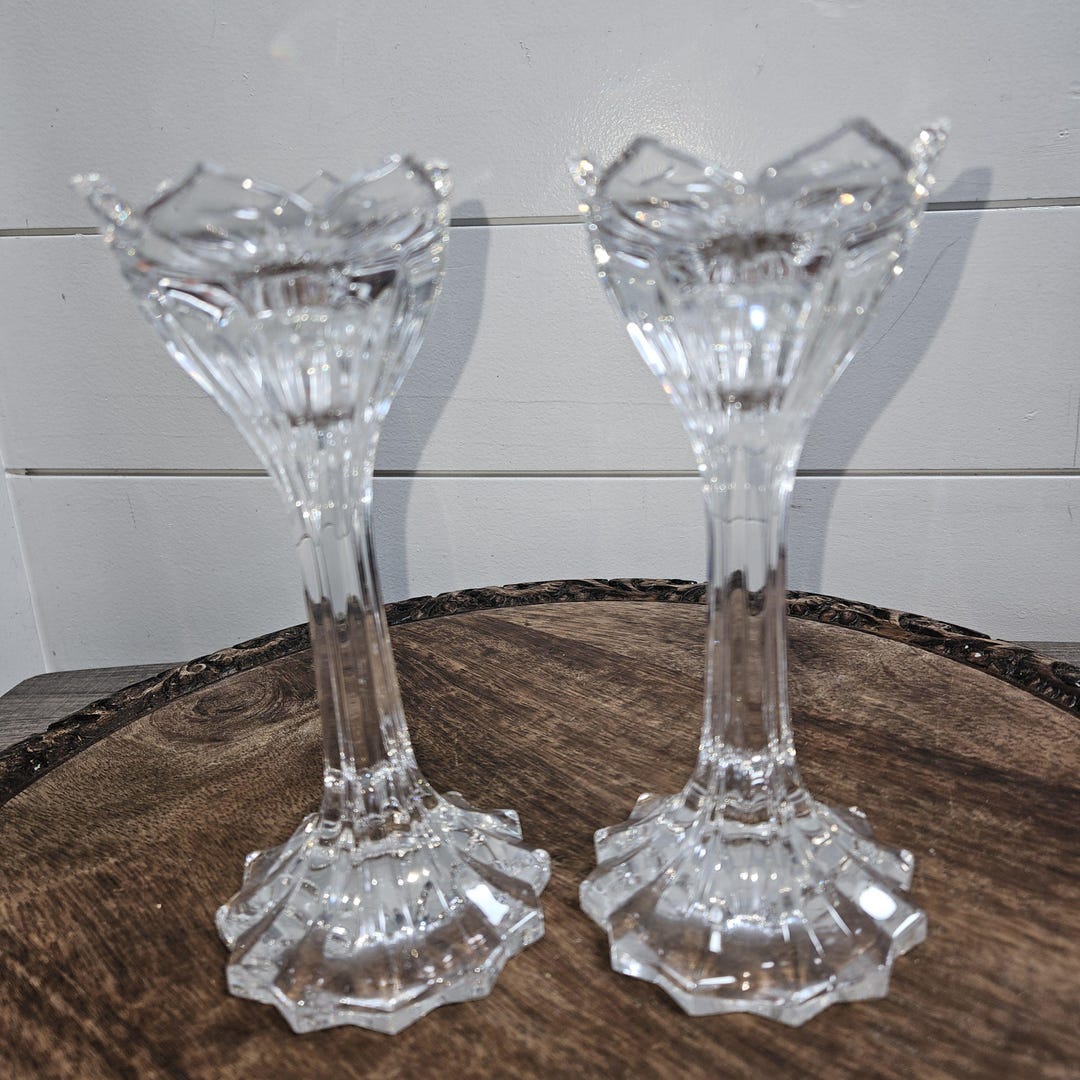 Vintage Gorham Lotus 7” Candlesticks Pair Crystal Candle Stick Holder ...