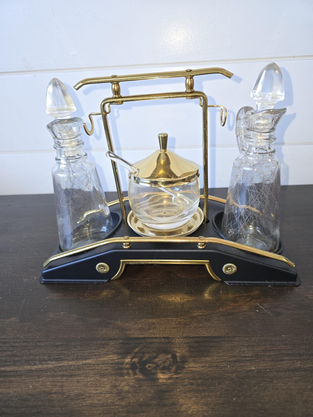 Vintage MCM Cruet Set With Gold Black Tray and Gold Drizzled Bottles - Etsy