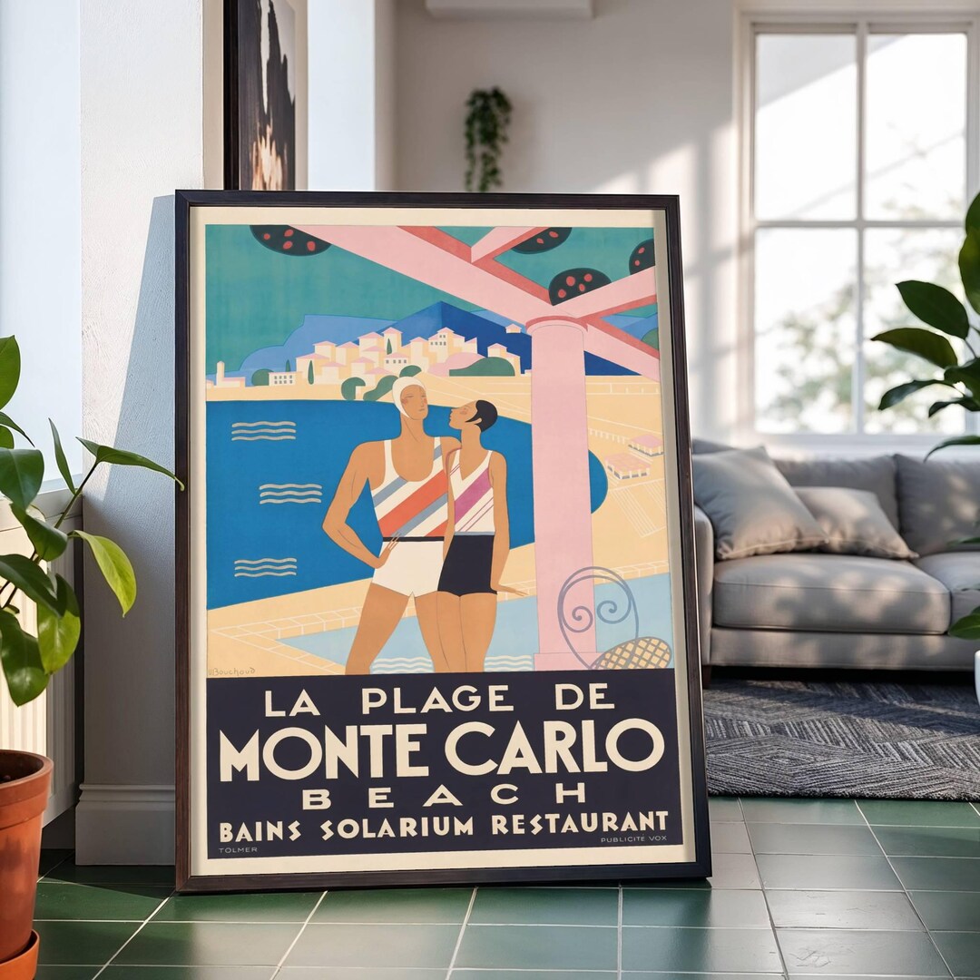 La Plage De Stylized Beach Couple Coastal Town Travel Poster : Art Deco ...