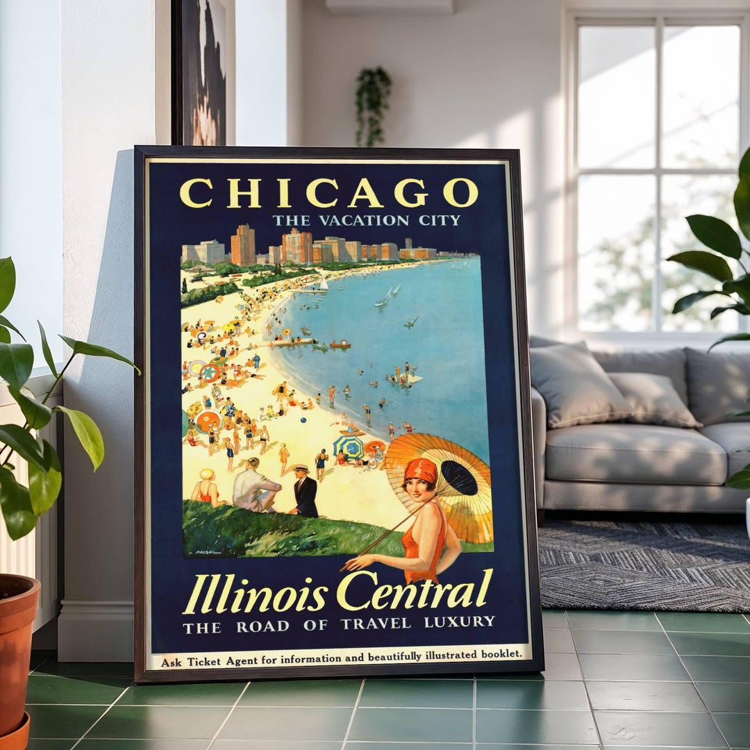 Chicago City Beachfront Travel Poster : Vintage Summer Crowd - Etsy