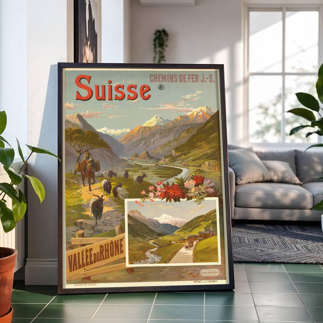 Switzerland Alpine Valley Landscape Travel Poster : Vintage Railway ...