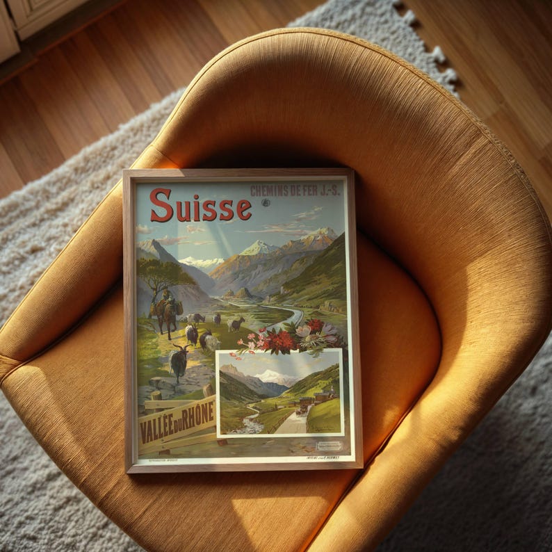 Switzerland Alpine Valley Landscape Travel Poster : Vintage Railway ...