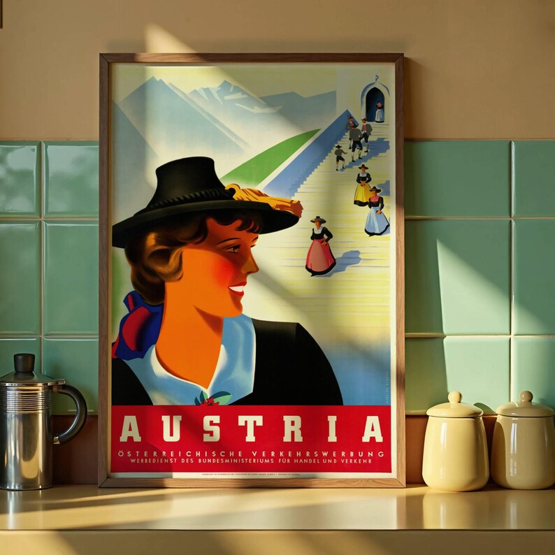 Austria Alpine Village Scene Travel Poster : Bold Colorful Illustration ...