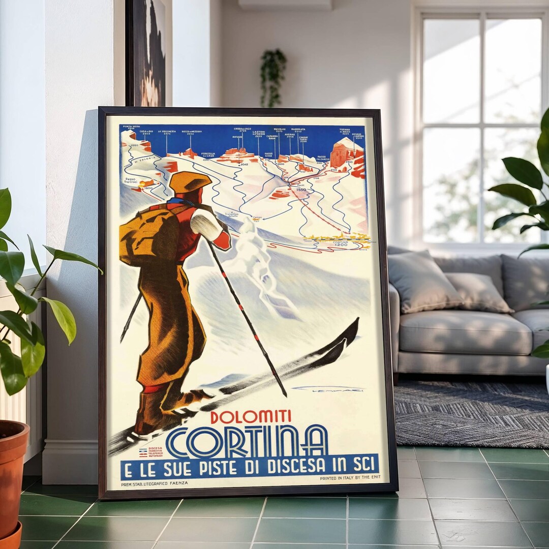 Dolomiti Cortina Vintage Ski Resort Map Mountain Landscape Travel ...