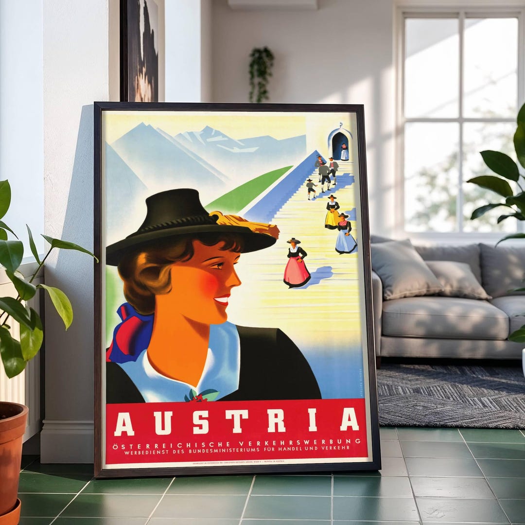 Austria Alpine Village Scene Travel Poster : Bold Colorful Illustration ...