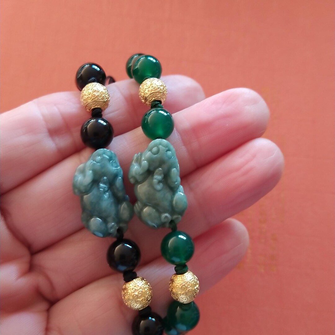 Certificate Pure Gold Ball Green Jade Pixiu With Stone Beads Bracelet ...