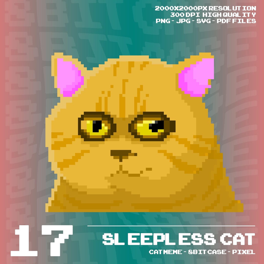 Sleepless Cat cat Meme L Pixel Meme, Pixel Cat, Pixel Art, Digital ...