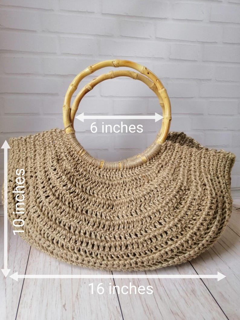 Crochet Half-moon Tote, Handbag Jute With Bamboo Handles, Straw Half ...