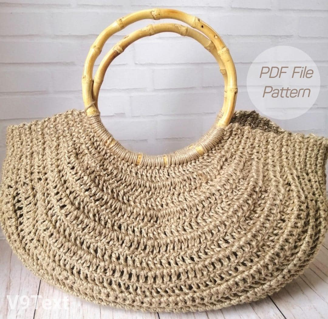 Crochet Half-moon Tote, Handbag Jute With Bamboo Handles, Straw Half ...