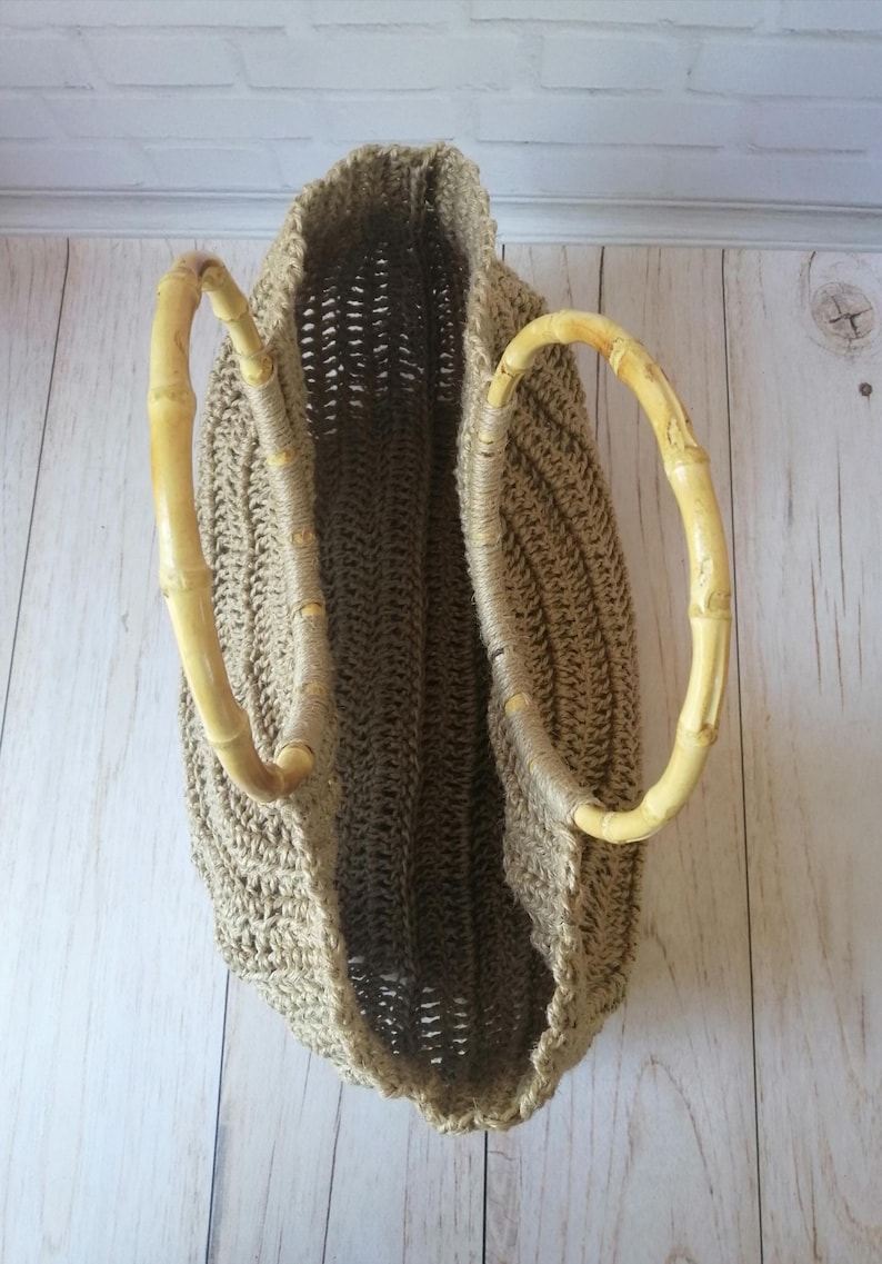 Crochet Half-moon Tote, Handbag Jute With Bamboo Handles, Straw Half ...