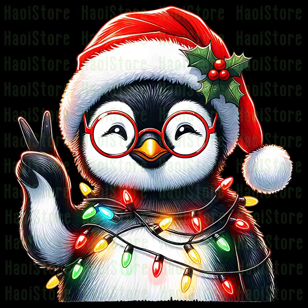 Peace Sign Hand Penguin Christmas Png, Penguin Christmas Lights Png ...