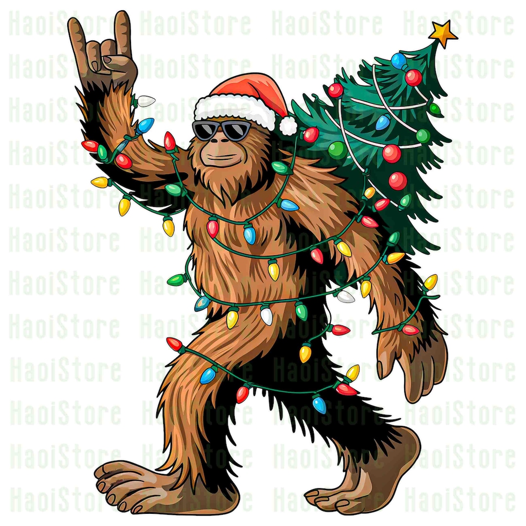 Santa Bigfoot Christmas Tree Png, Bigfoot Christmas Png, Xmas Lights ...