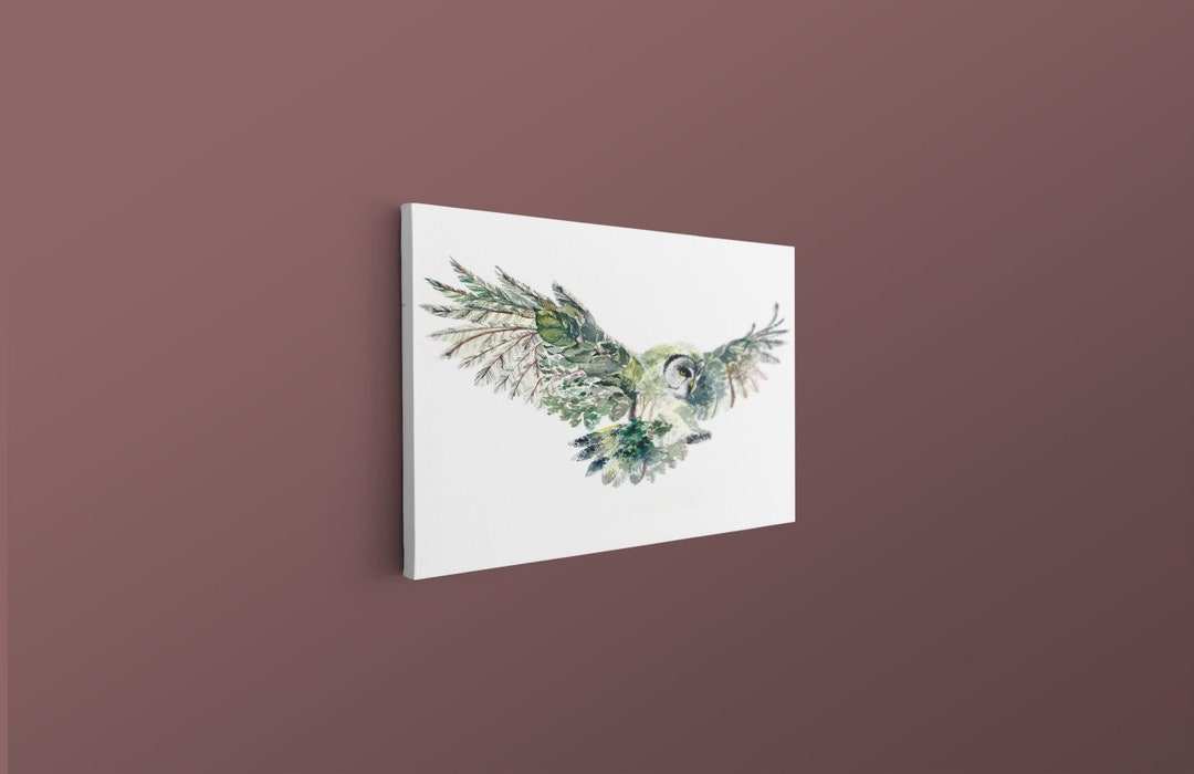 Watercolor Flying Owl With Trees Leaves Forest Double Exposure Nature ...