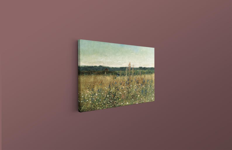 Impressão vintage de prado florido, arte de parede com paisagem ...