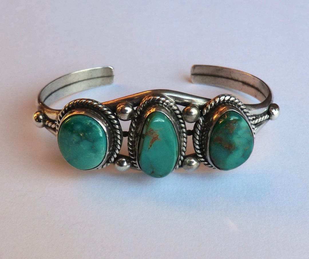 Vintage Turquoise Sterling Cuff Bracelet Three Turquoise Stones ...