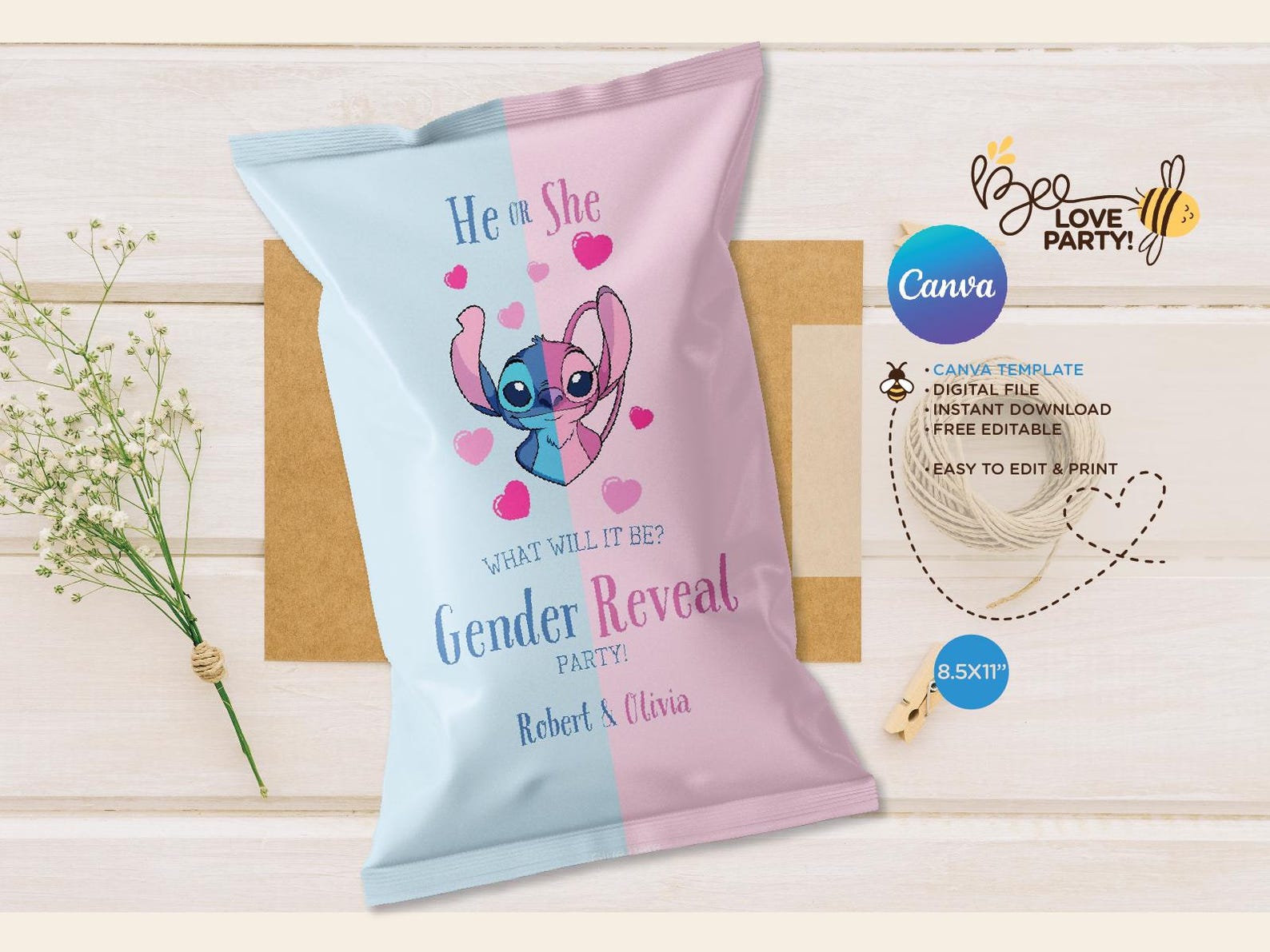 Stitch Angel Gender Reveal Chip Bag, He or She, a Baby is on the Way ...