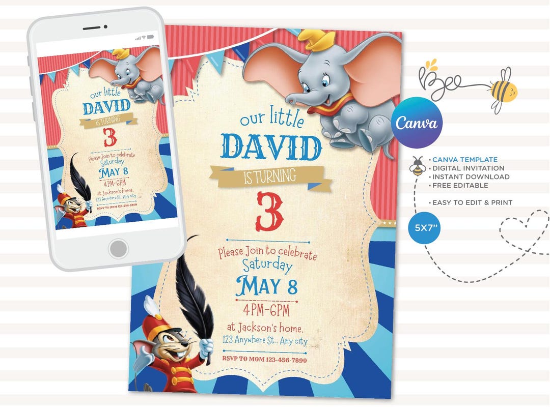 Dumbo Baby Birthday Invitation, Dumbo Baby Shower Editable Invite ...