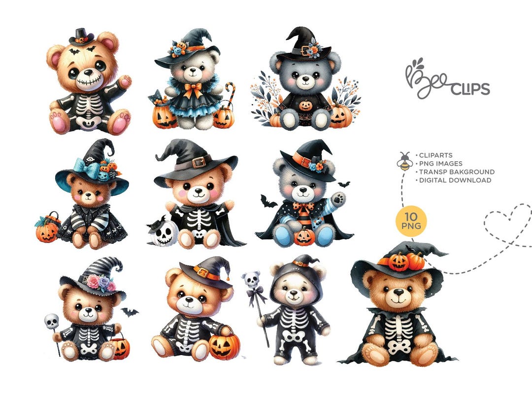 10 Cute Halloween Bears Watercolor Clipart, Creapy Bears, PNG ...