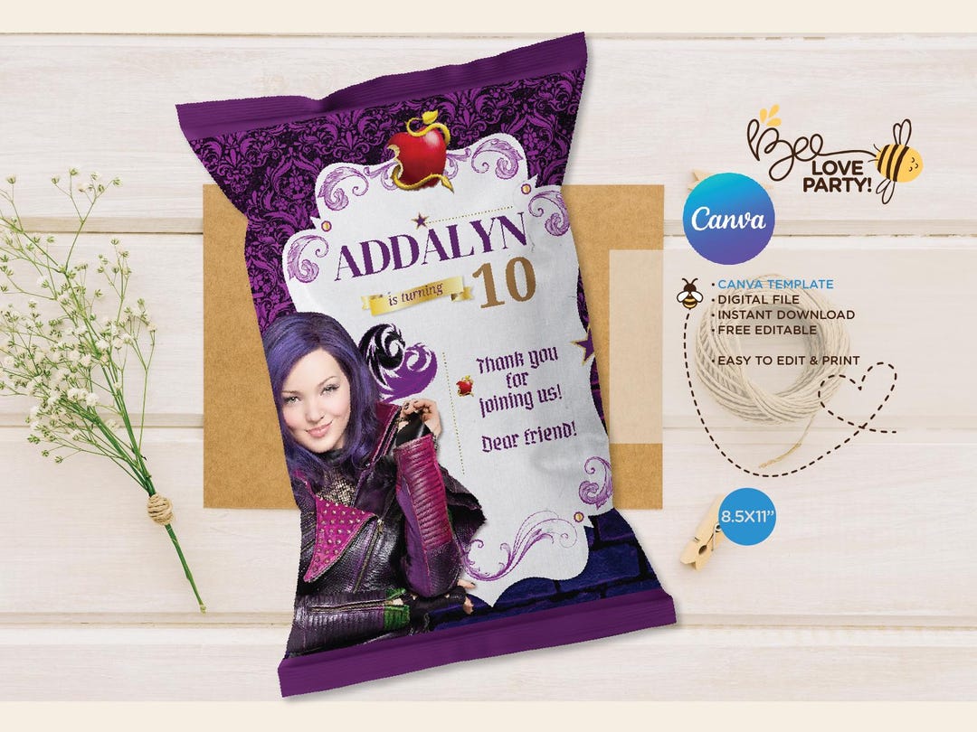 Descendants Mal Chip Bag Label Printable, Descendants Birthday ...