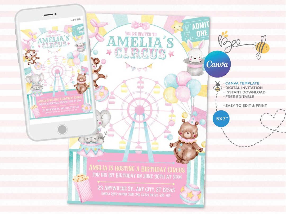Pastel Circus Carnival Ticket Invitation, Pink Circus Invitation ...