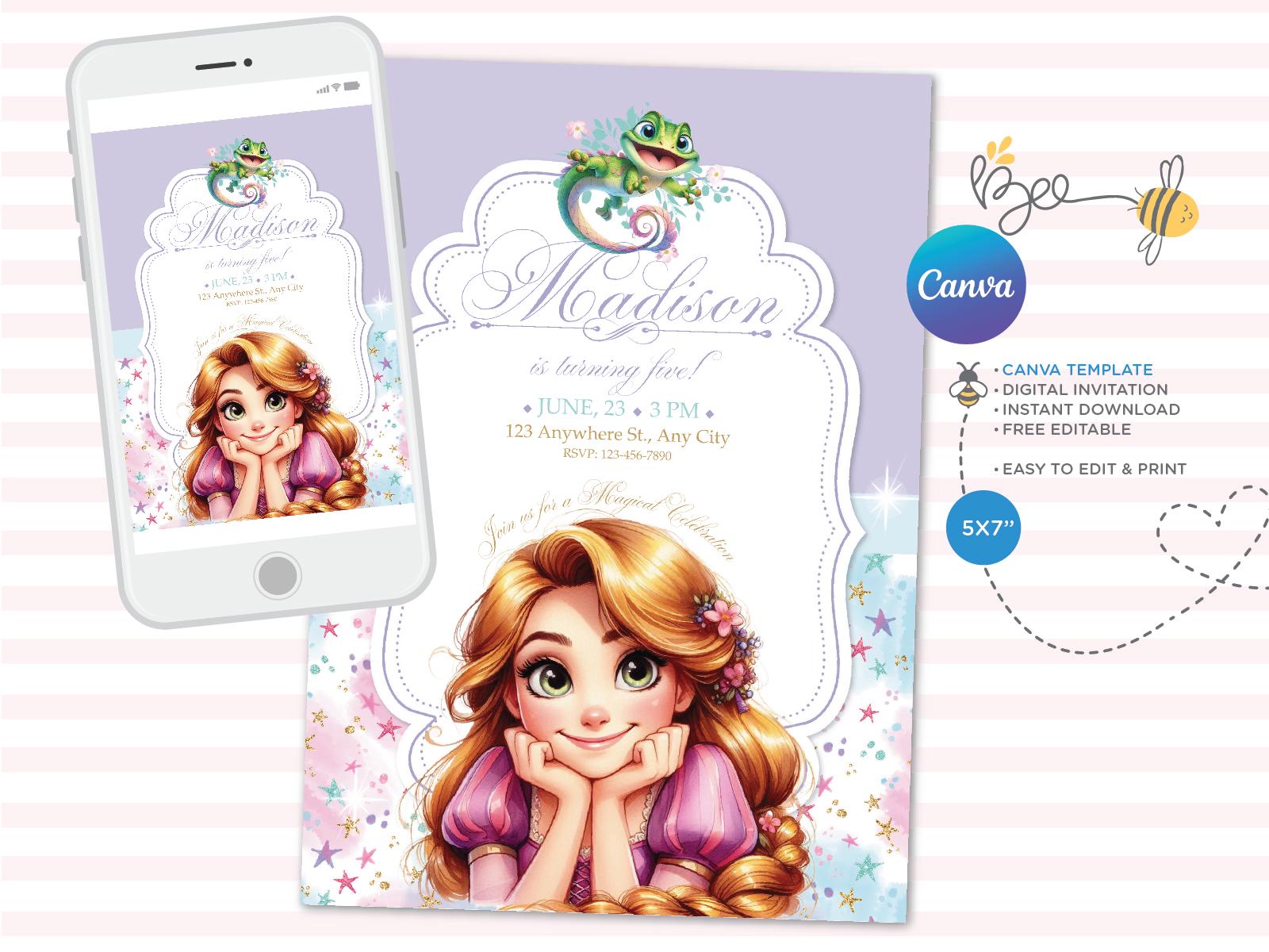 Editable Rapunzel Pascal Tangled Birthday Invitation, Princess Birthday ...