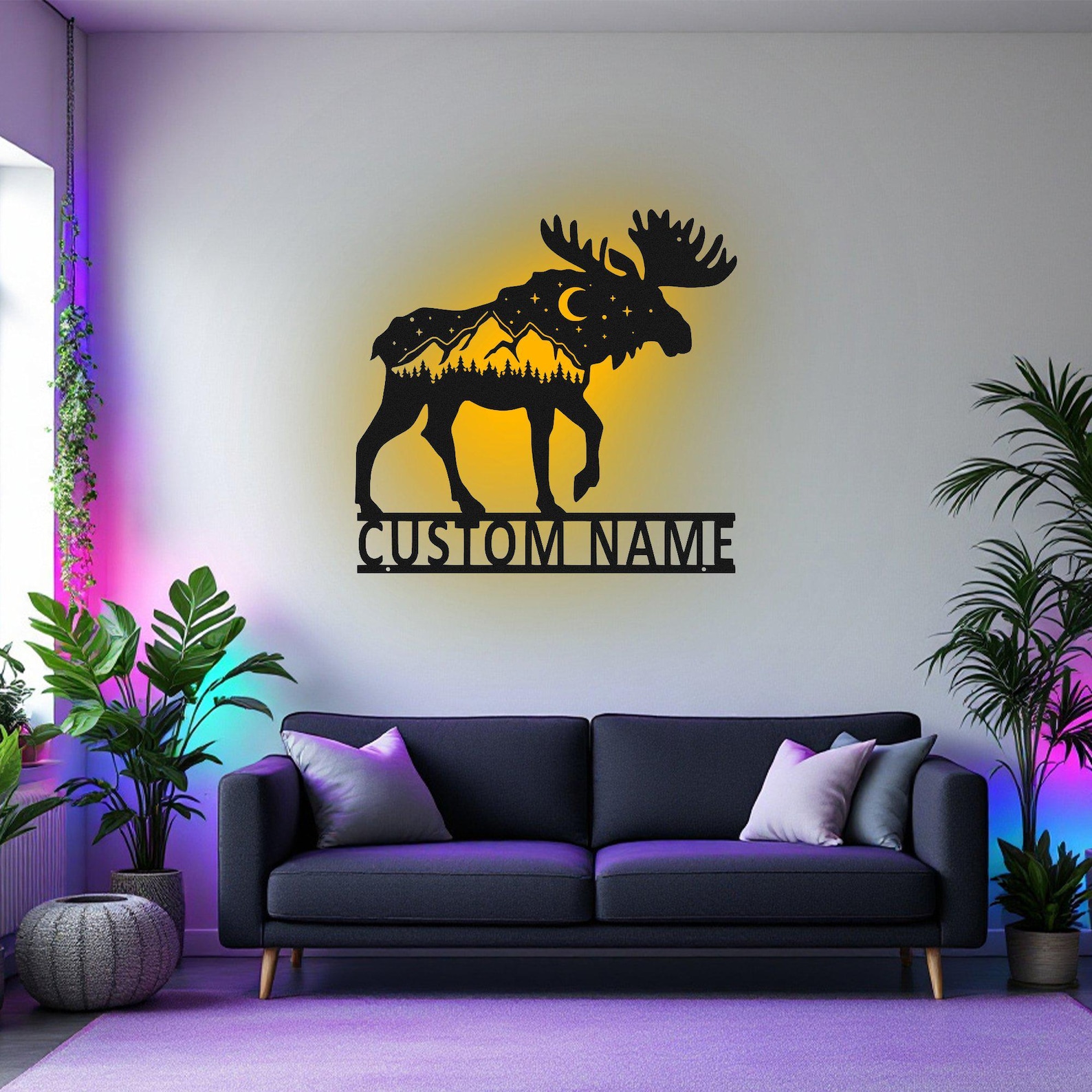 Custom Mountain Moose Metal Wall Art With Light , Personalized Moose ...