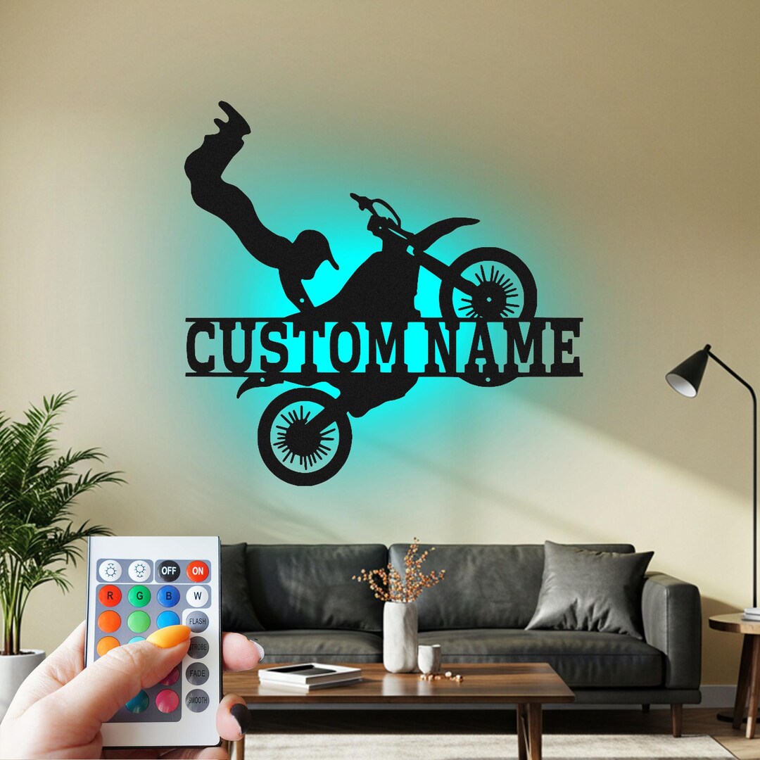 Custom Biker Metal Wall Art With Led Light, Personalized Dirt Bike Name ...