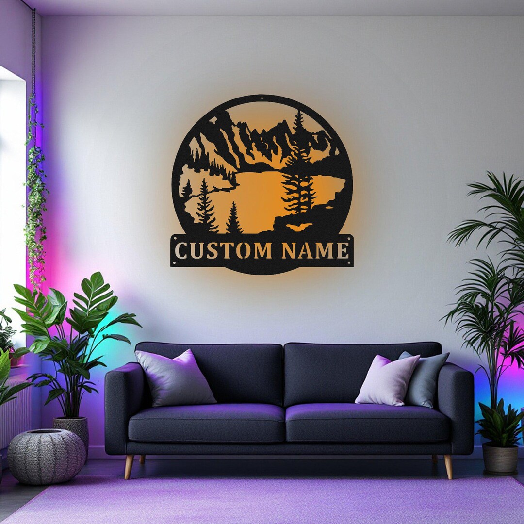 Custom Mountain Lake Metal Wall Art With Led Light, Personalized ...