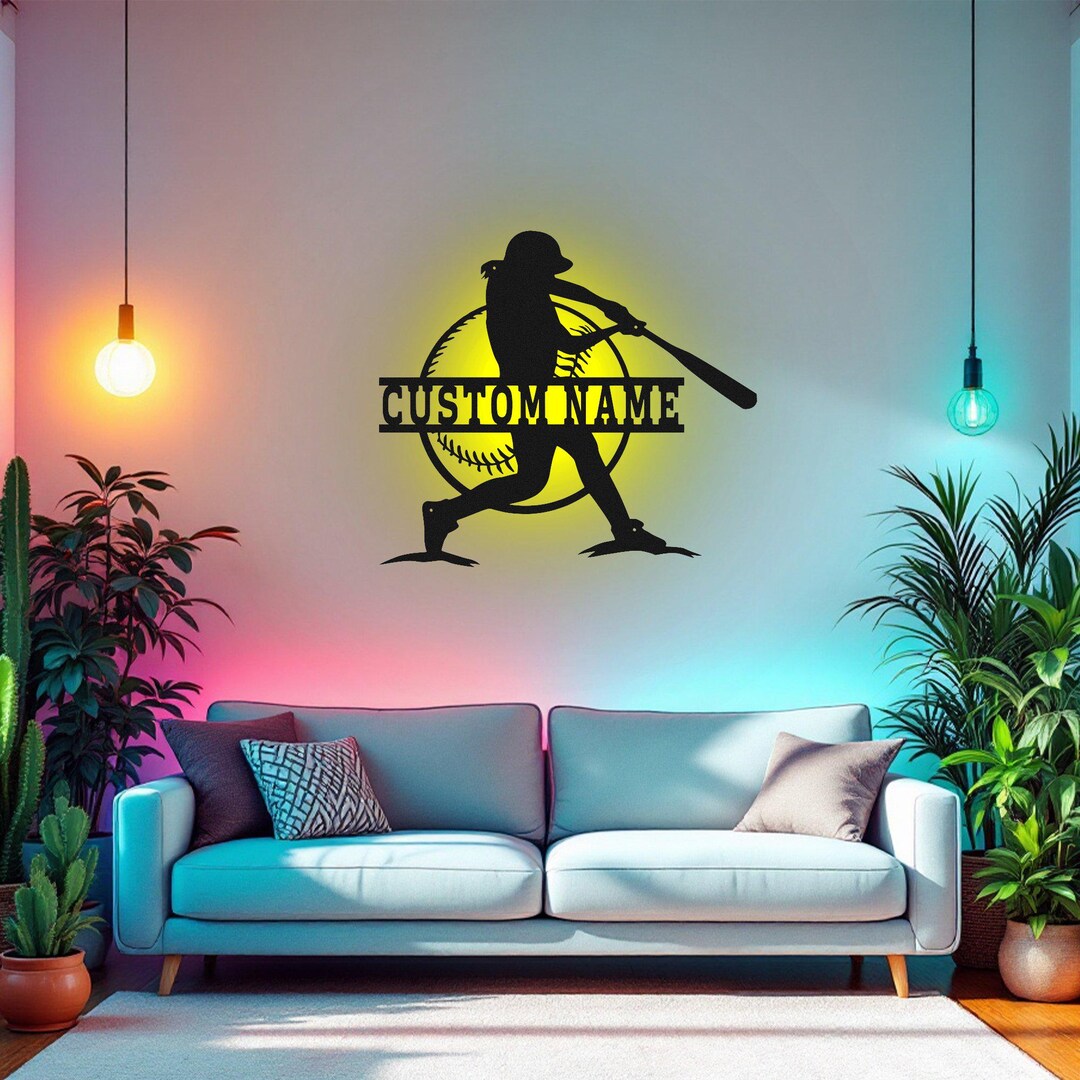 Custom Softball Player Metal Wall Art With Led Light, Personalized ...