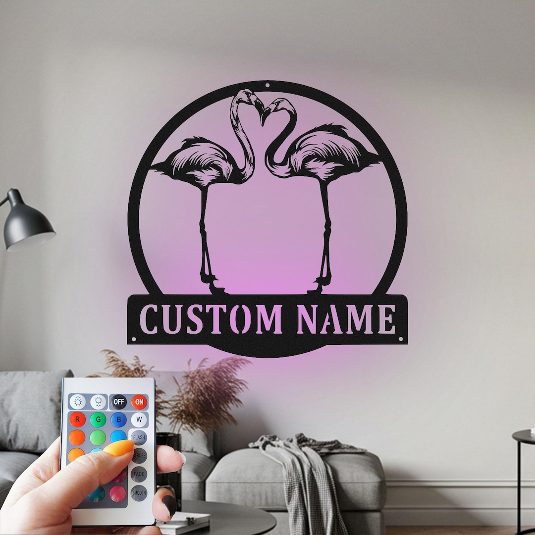 Custom Couple Flamingo Metal Wall Art With Led Light, Personalized ...