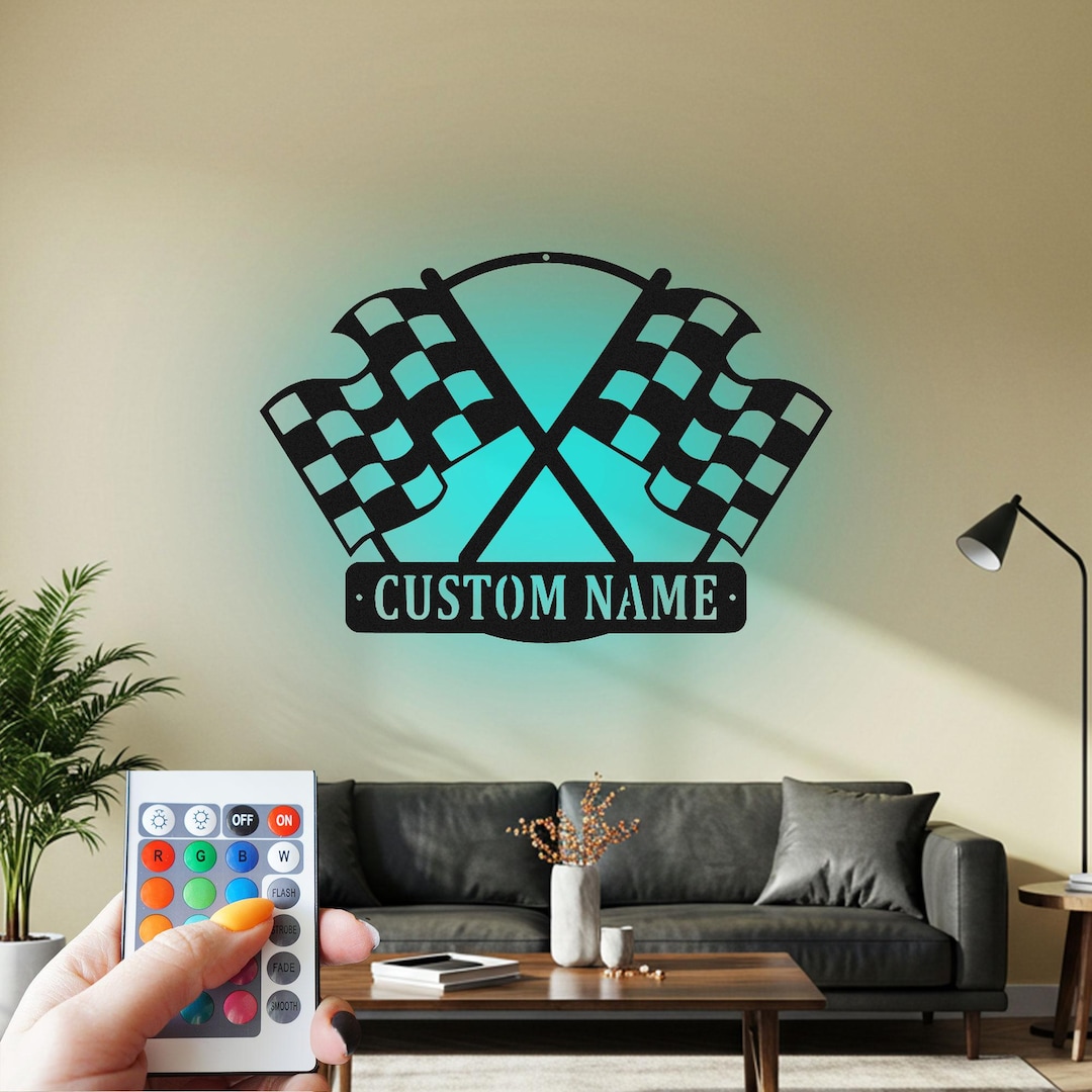 Custom Checkered Racing Flag Metal Wall Art With Led Light ...