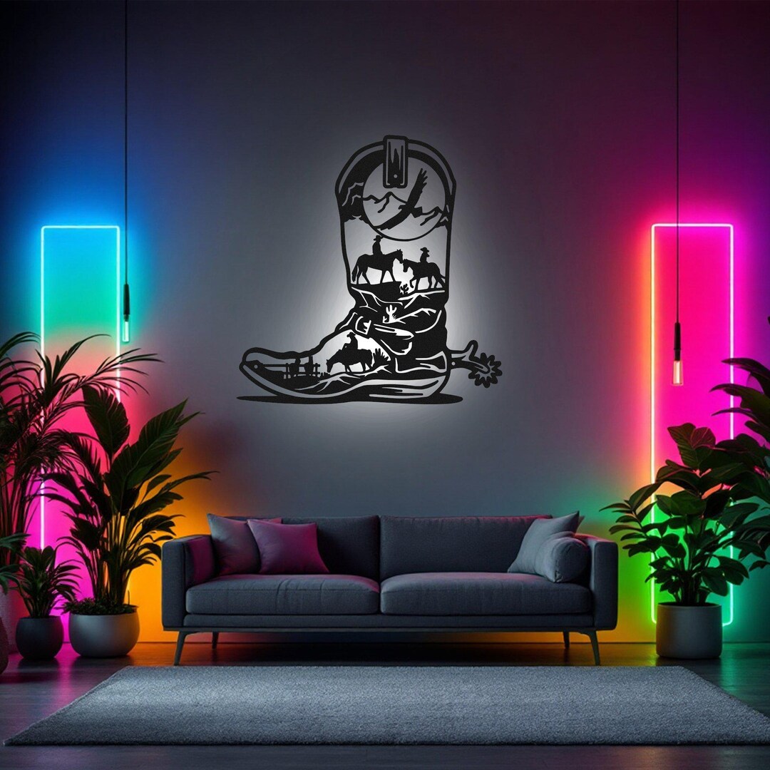 Cowboy Boots Metal Wall Art With Led Light, Cowboy Boots Metal Sign ...