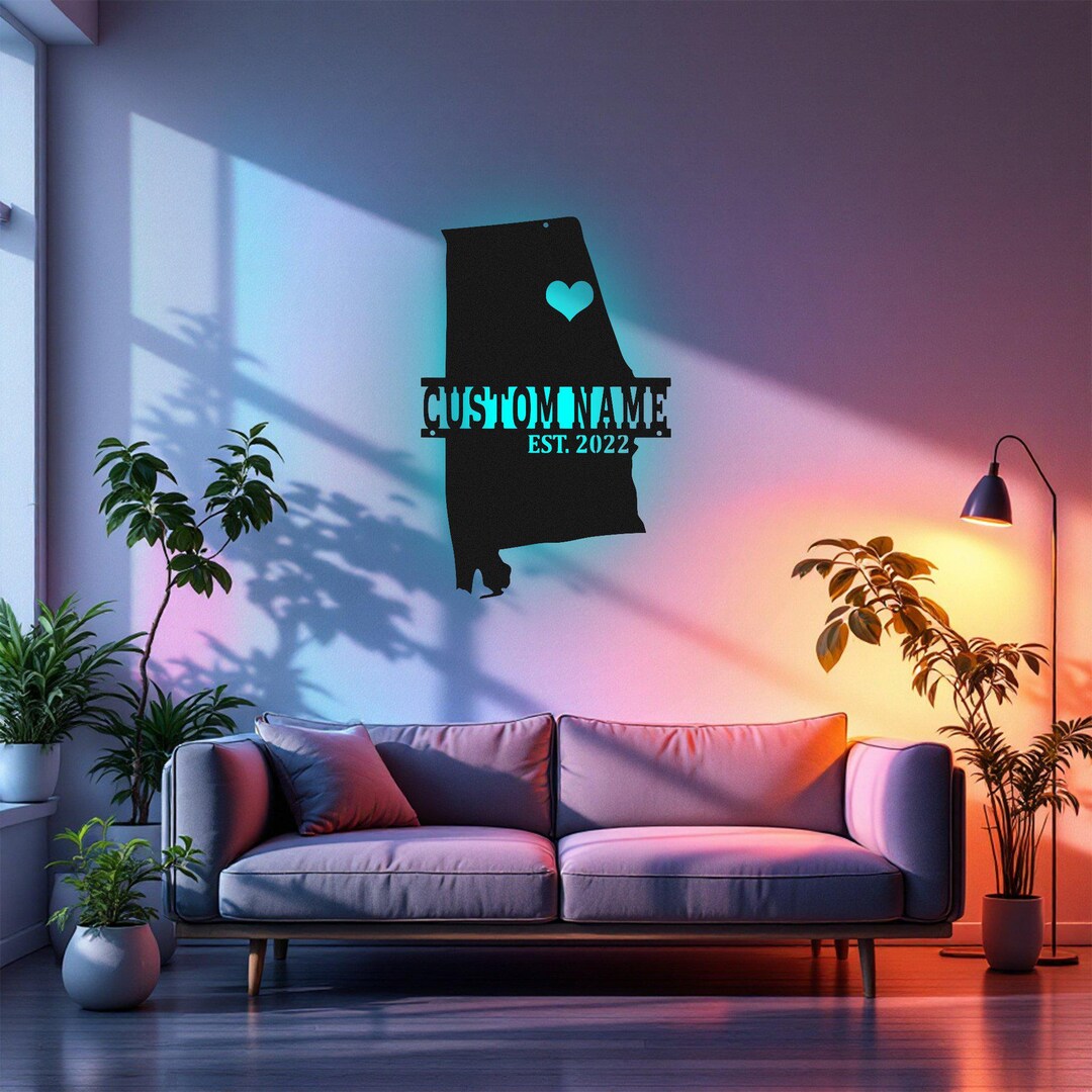 Custom Alabama Map Metal Wall Art With Led Light, Personalized Alabama ...