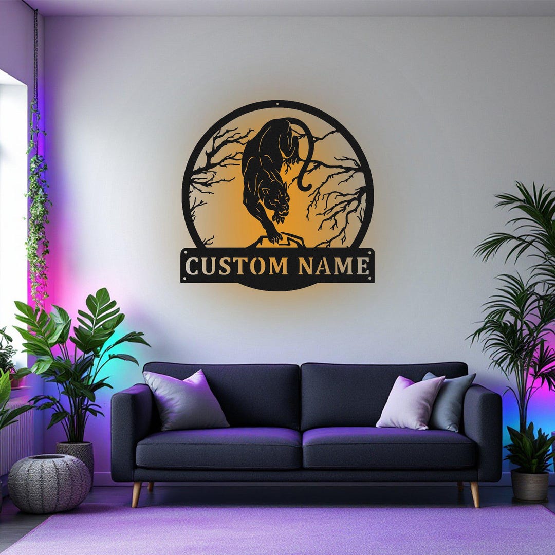 Custom Panther Metal Wall Art With LED Light - Personalized Name Sign ...