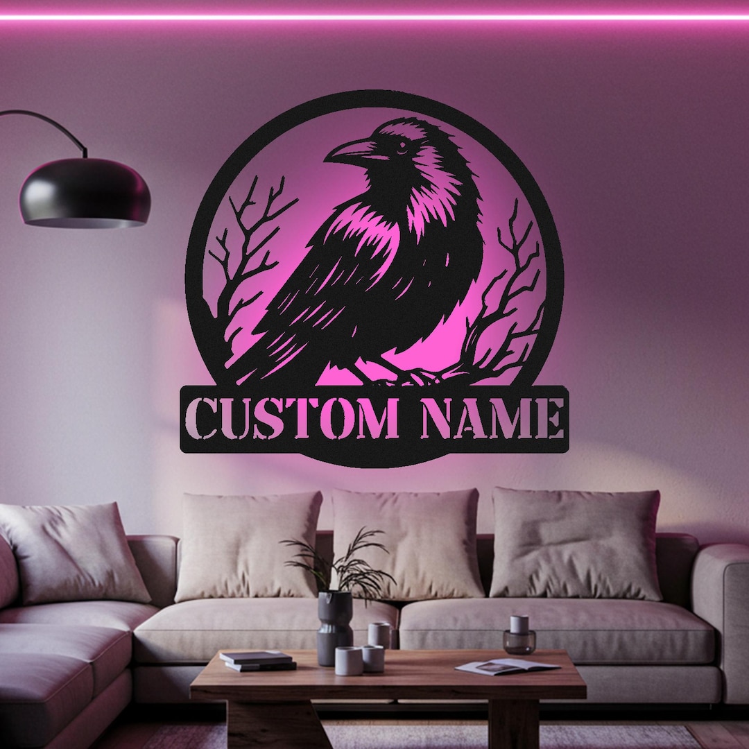 Custom Raven Led Light Metal Wall Art Crow Moon Lover Name Sign Home ...