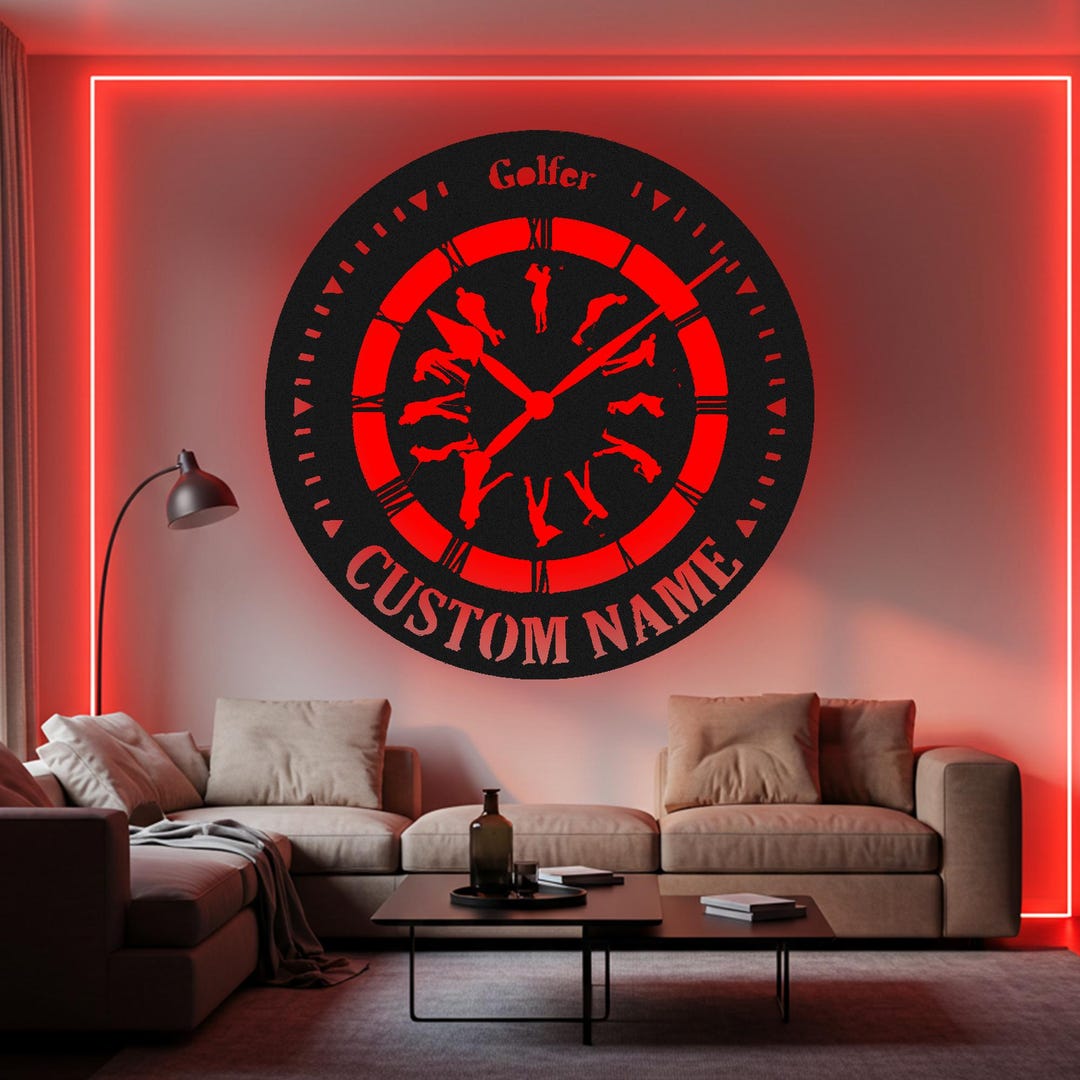 Golfer Wall Clock Custom Sign Led Light Metal Wall Decor Golfer Name ...