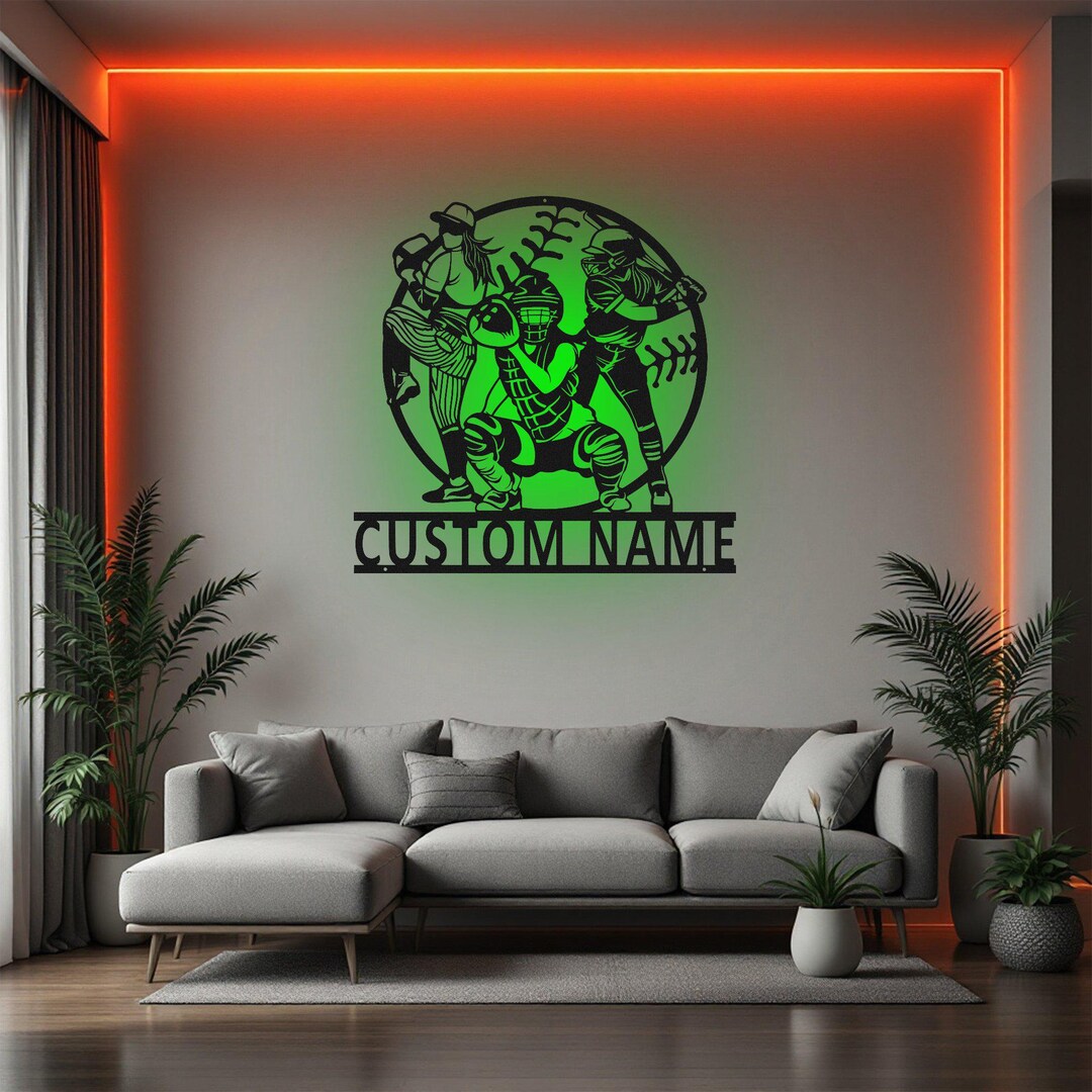 Custom Softball Metal Wall Art With Led Light, Personalized Softball ...