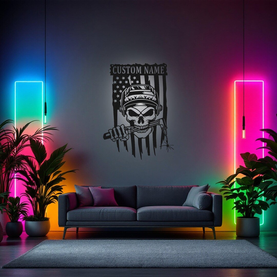 Custom US Welder Skull Metal Wall Art With Led Light, Personalized ...