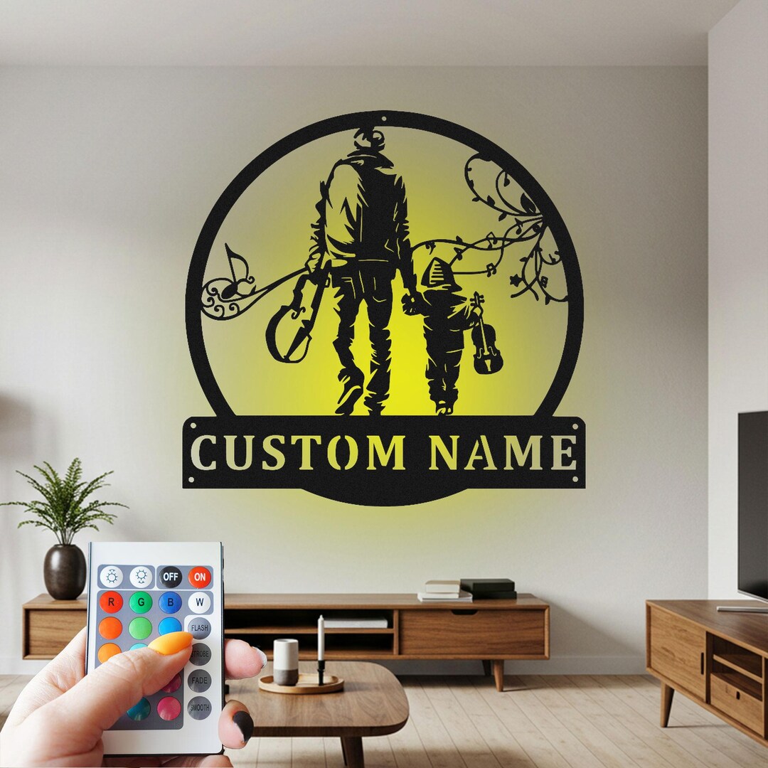 Custom Fiddle Metal Wall Art: Father & Son, LED Light Decor - Etsy