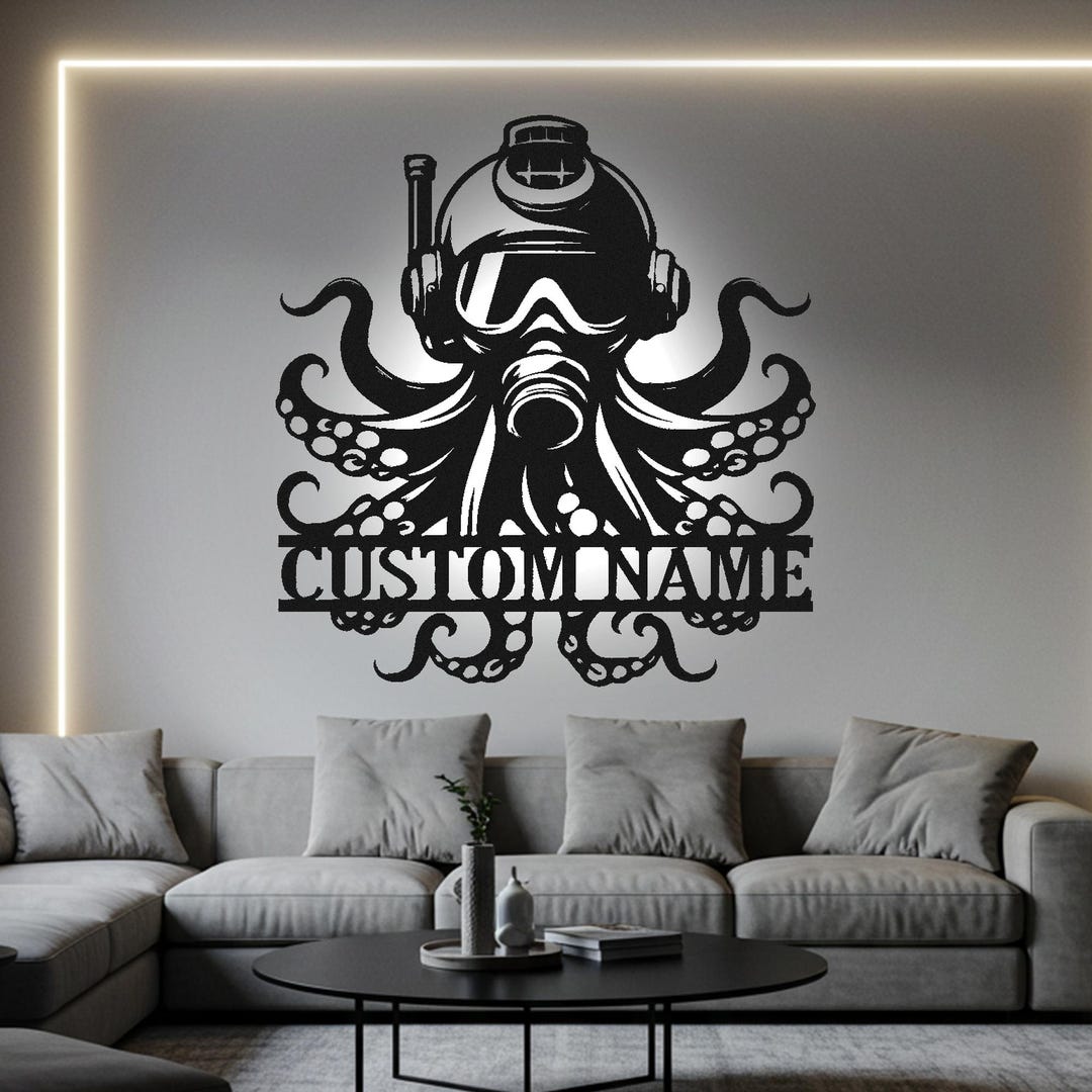 Custom Octopus Diving Helmet Led Light Metal Wall Art Scuba Helmet Name ...